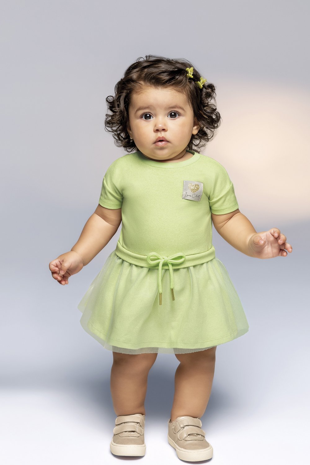 Vestido em Cotton e Tule Bebê Menina Love Art Verde - Colorittá
