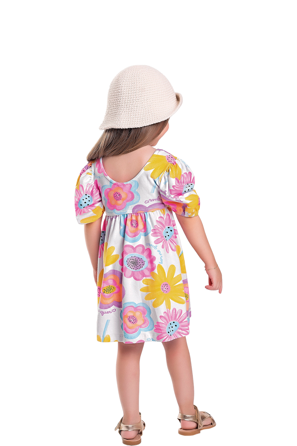 Vestido em Cotton Leve Infantil Menina Flores Branco - Fakini