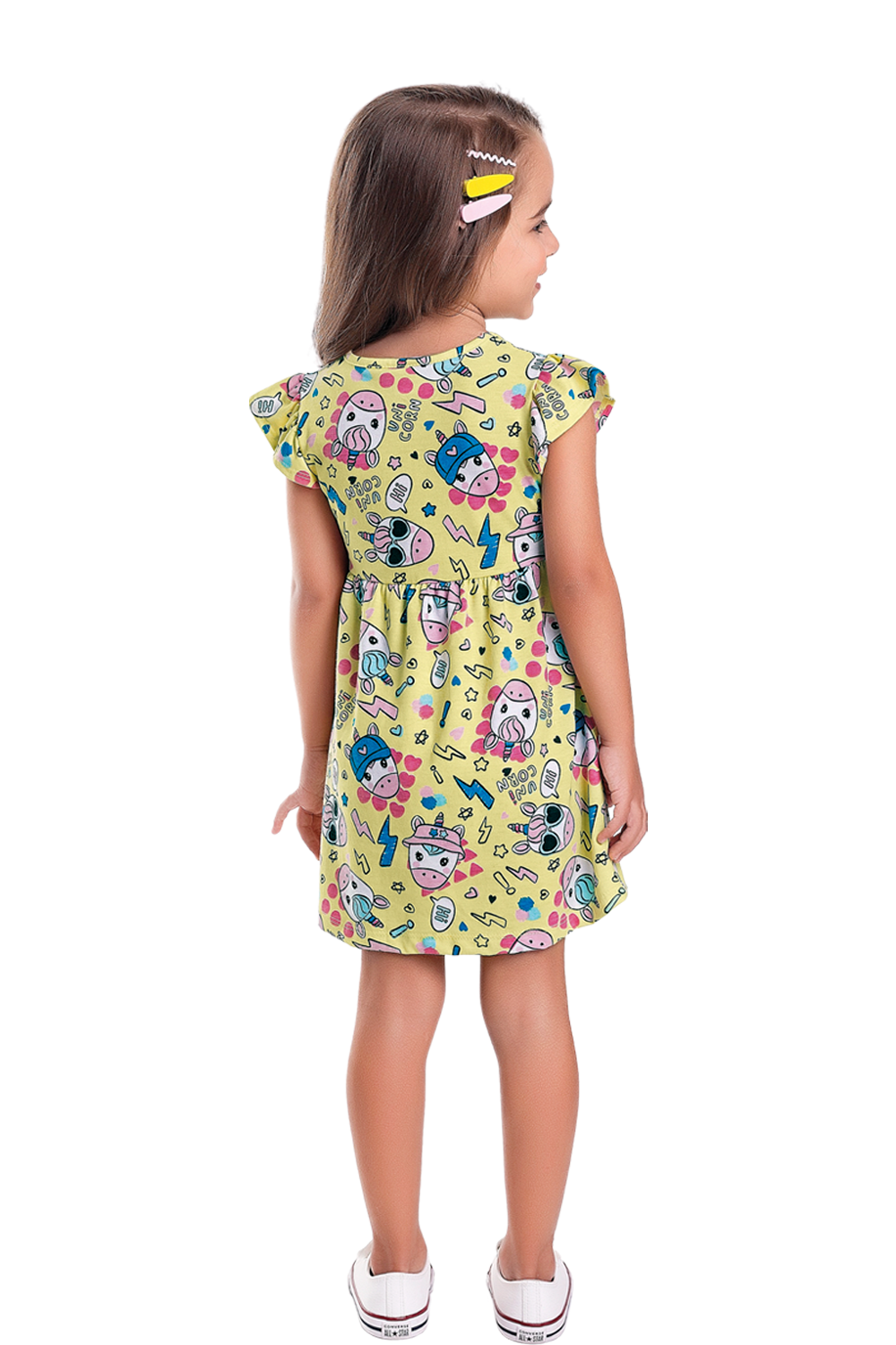 Vestido Meia Malha Infantil Menina Unicorn Amarelo - Fakini Forfun