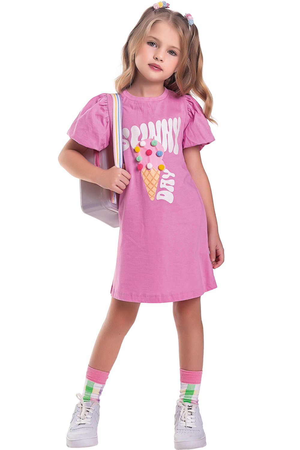Vestido em Meia Malha Infantil Menina Sunny Day Rosa - Fakini