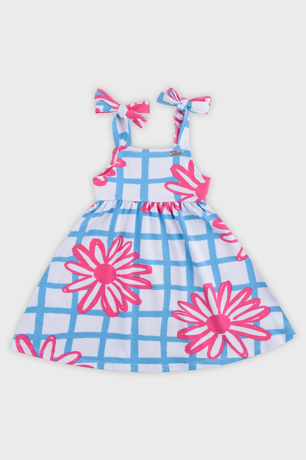 Vestido Fakini Infantil em Cotton Xadrez Floral Azul