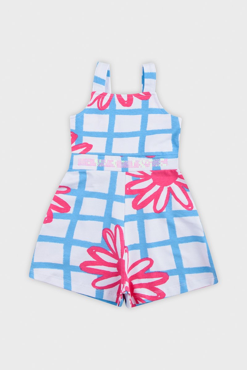 Macaquinho Fakini Infantil Menina Xadrez Floral Azul